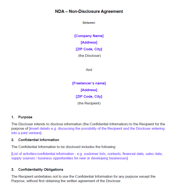 Non-Disclosure Agreement (NDA) For Freelancers - Free Template